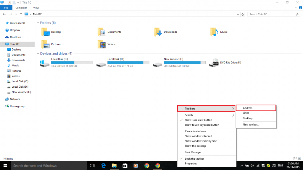 How to show & use the Address Toolbar in Windows 10