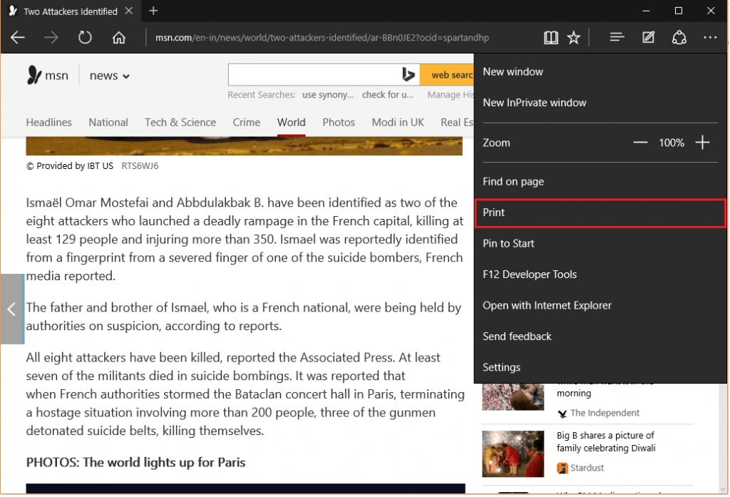 How to use the print feature in the Edge browser in Windows 10