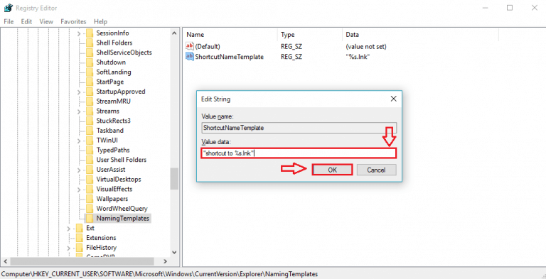 Change Text "-Shortcut " from shortcuts created in Windows 10