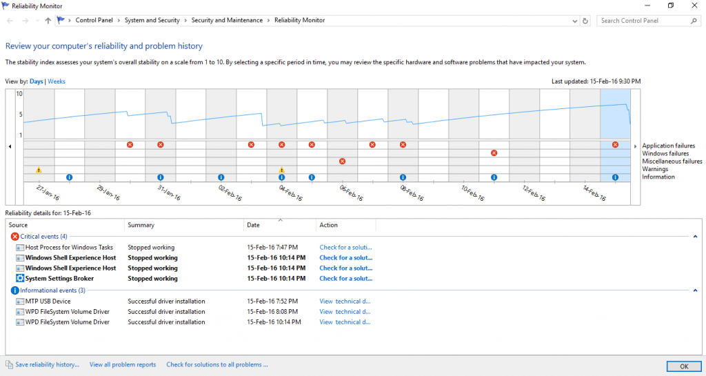 Troubleshooting in Windows 10 using Reliability Monitor