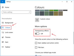 How to turn off transparency in start menu, Action Centre in windows 10