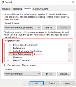 How to change default 'Low Battery' Alarm sound in Windows 10