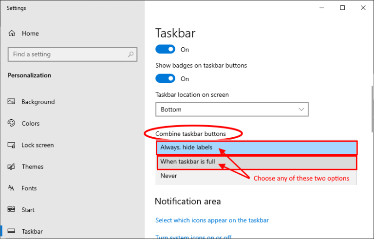 How to show texts beside icons in Taskbar on Windows 10