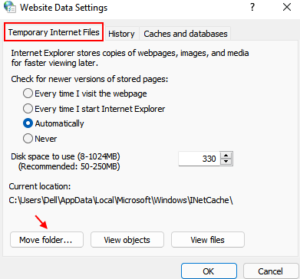Internet files location has changed in Windows 10/10 Fix
