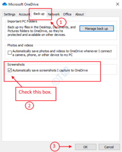 How to save captured Screenshots to OneDrive automatically on Windows 10