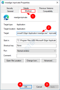 Create a Shortcut to open Microsoft Edge in InPrivate mode