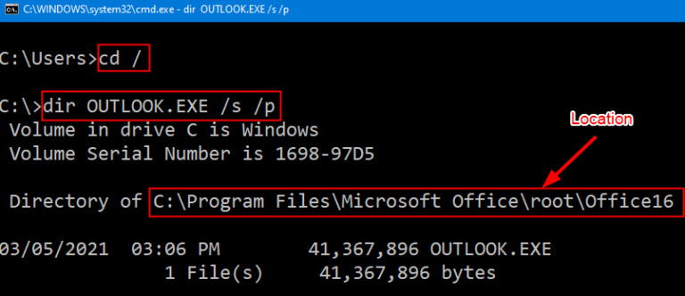 Where is Outlook.exe located in Windows 10 / 11