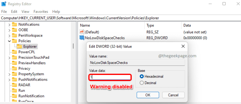 How to Enable or Disable Low Disk Space Warning in Windows 11