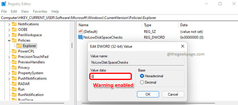 How to Enable or Disable Low Disk Space Warning in Windows 11