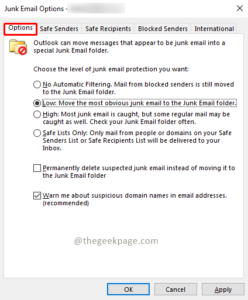 How to edit Junk Mail Options in Outlook