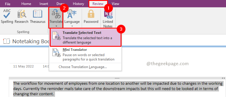 how to use Translate feature in Onenote