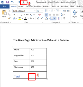 How to Sum the Values in a Column in Microsoft Word